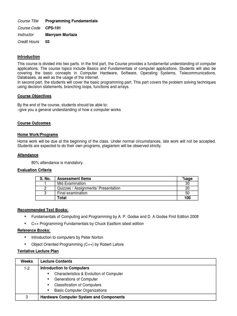 Course Outline of Programming Fundamental | C++ | Computer Program Course Outline of Programming Fundamental | C++ | Computer Program