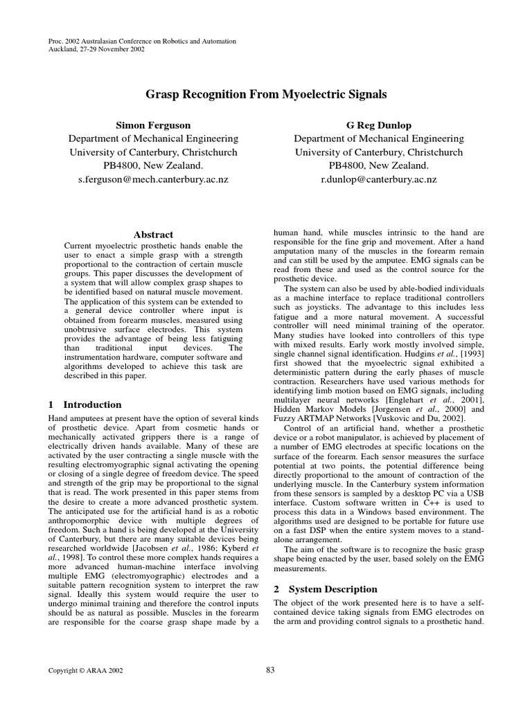 Grasp Recognition From Myoelectric Signals: Simon Ferguson G Reg Dunlop ...