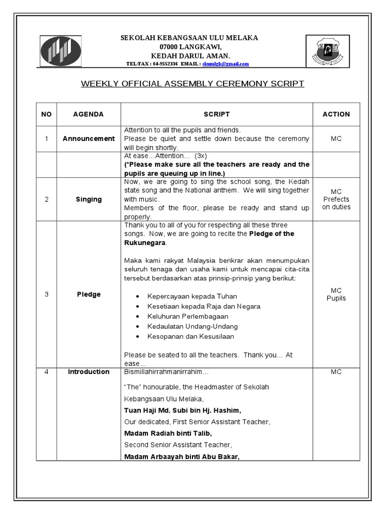Weekly Official Assembly Ceremony Script | PDF | Leisure