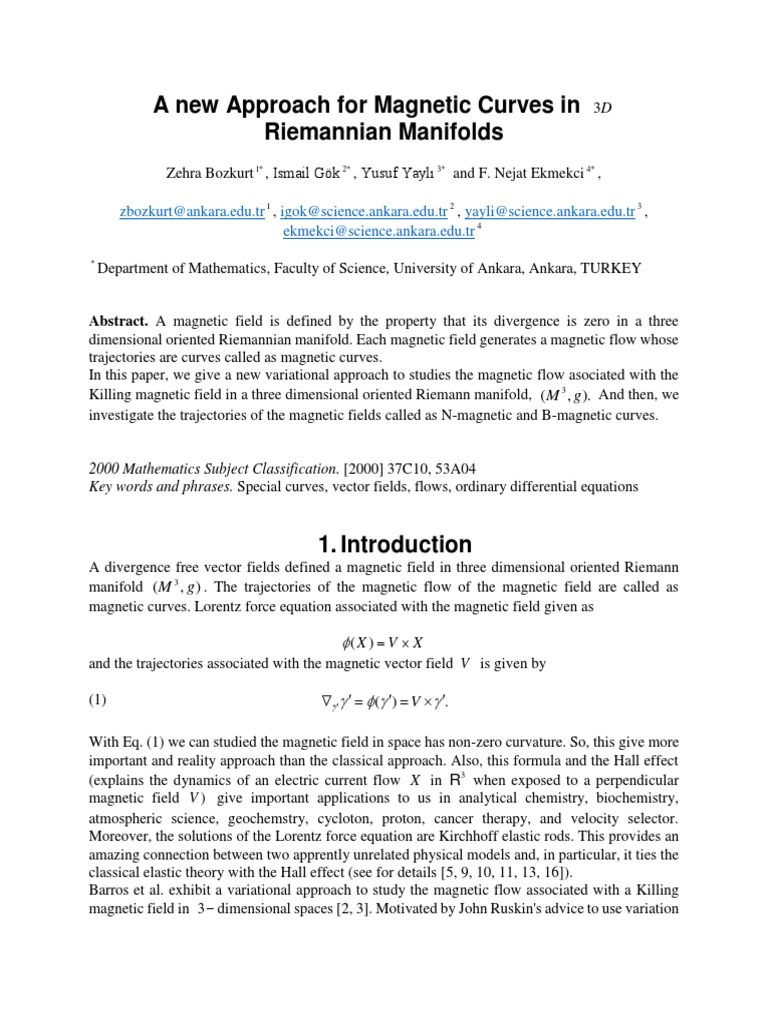 A New Approach For Magnetic Curves in Riemannian Manifolds | PDF | Helix | Curve
