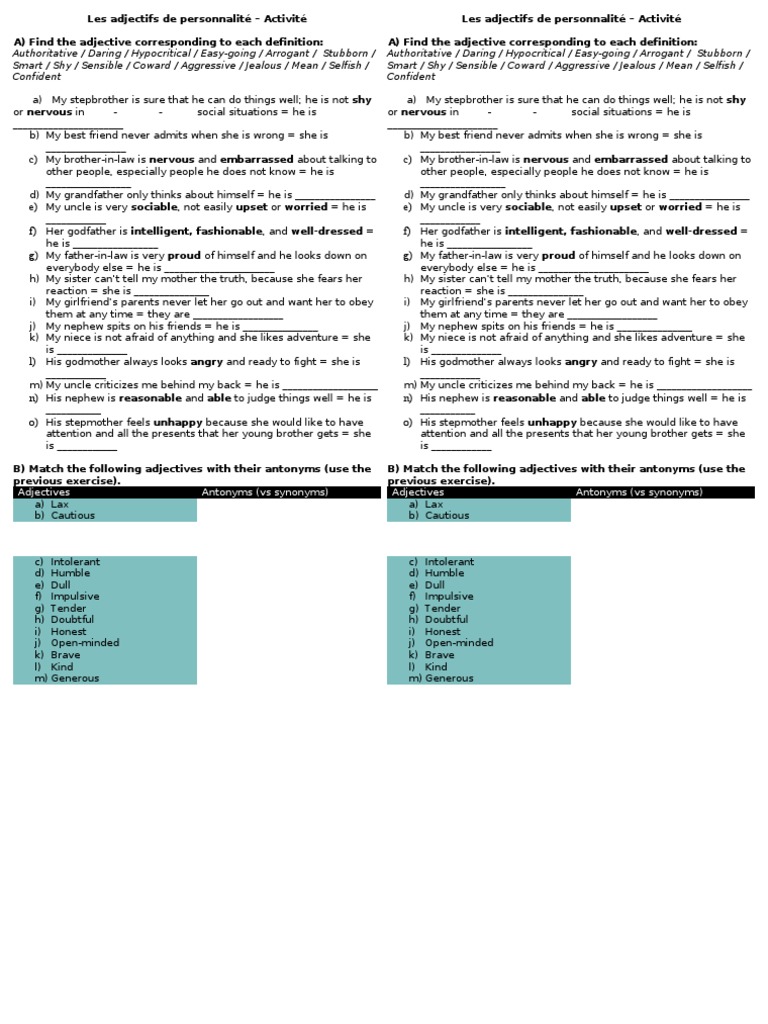 Activité Sur Les Adjectifs de Personnalité | PDF