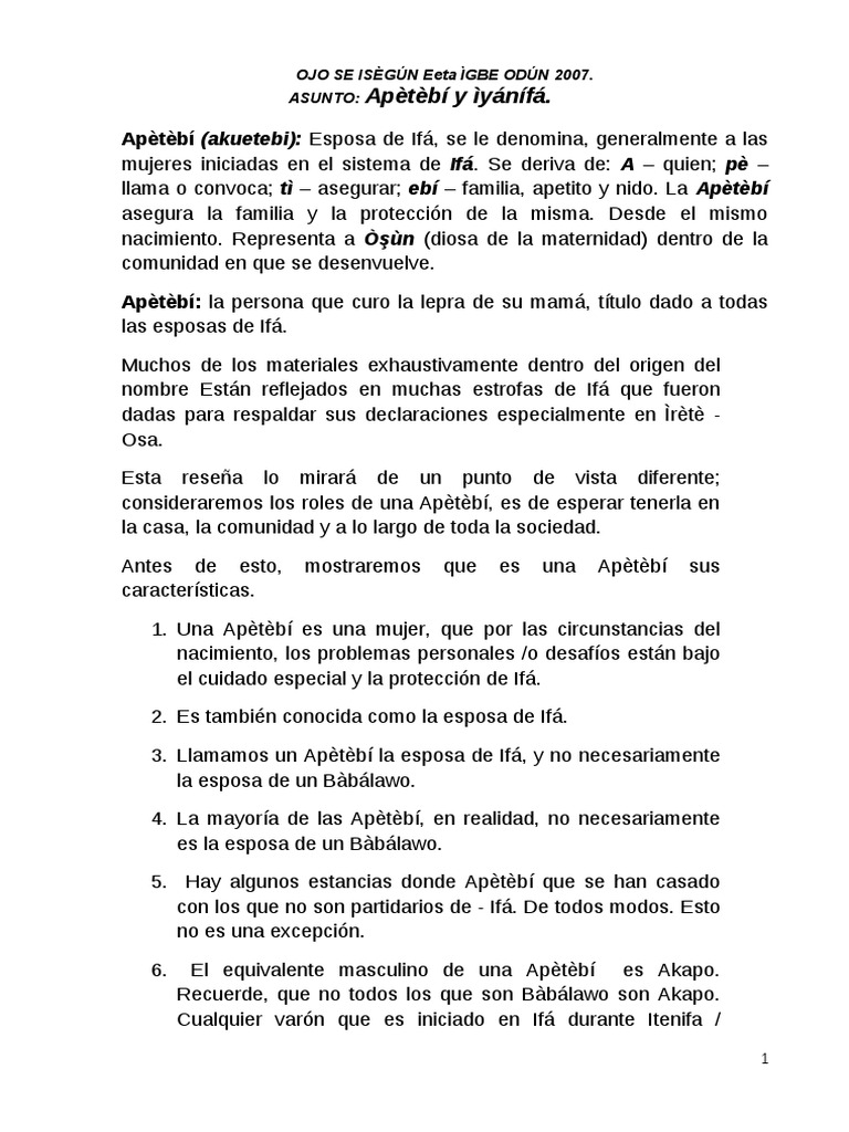 Roles y Deberes de Apètèbí e Ìyánífá | PDF | Science | Ciencia (general)
