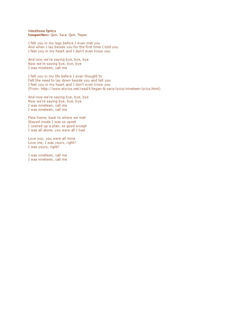 Nineteen Lyrics by Tegan and Sara | PDF