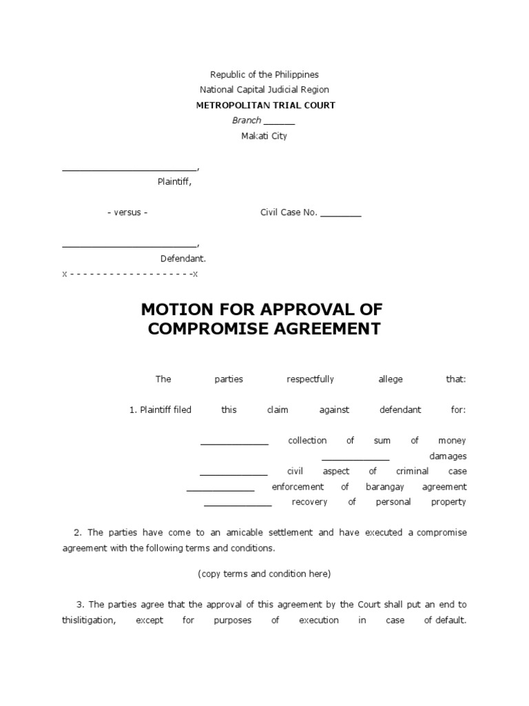 Motion For Approval of Compromise Agreement | PDF