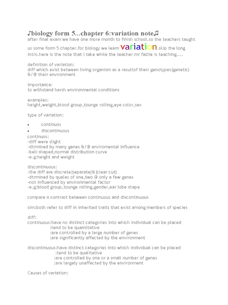 Biology Form 5... Chapter 6:variation Note | PDF