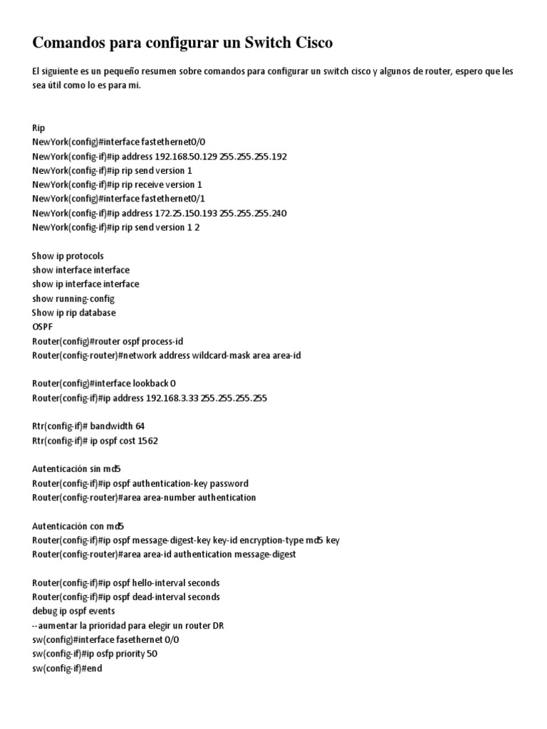 Comandos para Configurar Un Switch y Router Cisco | PDF | Protocolos de ...