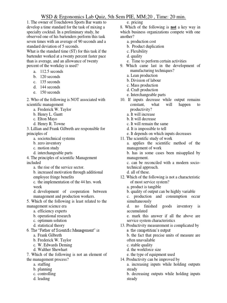 Time Standards and Scientific Management Quiz | PDF | Business ...