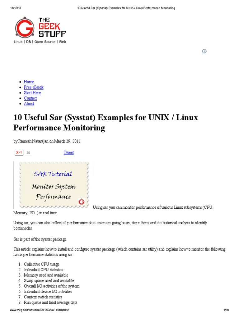 10 Useful Sar (Sysstat) Examples For UNIX - Linux Performance Monitoring PDF | PDF | Software ...