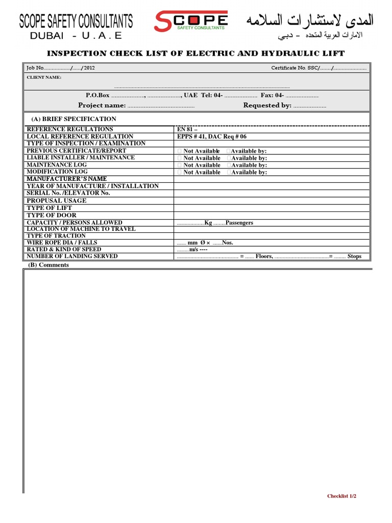 Elec. & Hydraulic Lift Checklist | PDF | Elevator | Machines