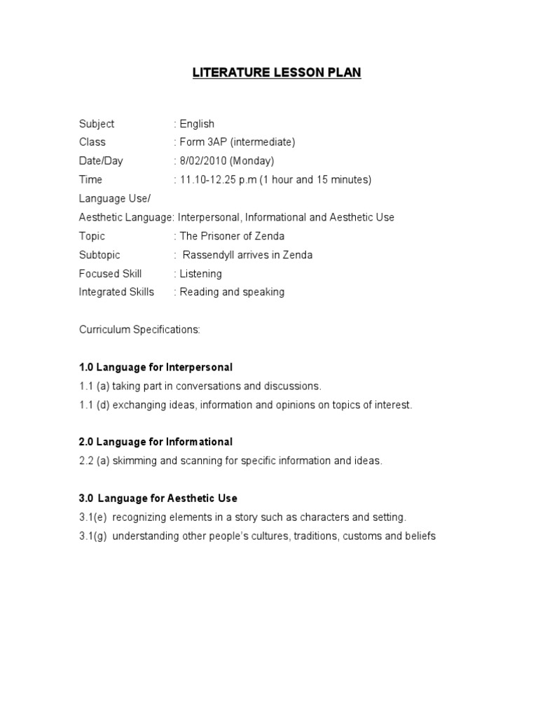 Literature Lesson Plan WK 1 | PDF | Languages | Language Arts & Discipline