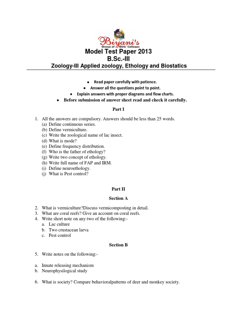 Model Test Paper 2013 B.Sc.-III: Zoology-III Applied Zoology, Ethology ...
