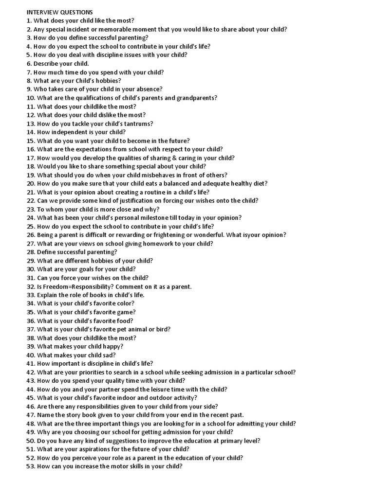School Admission Interview Questions | PDF | Preschool | Parenting