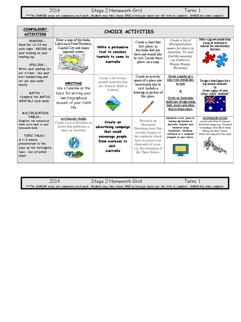 2014 Stage 2 Homework Grid Term 1 | PDF | Australia