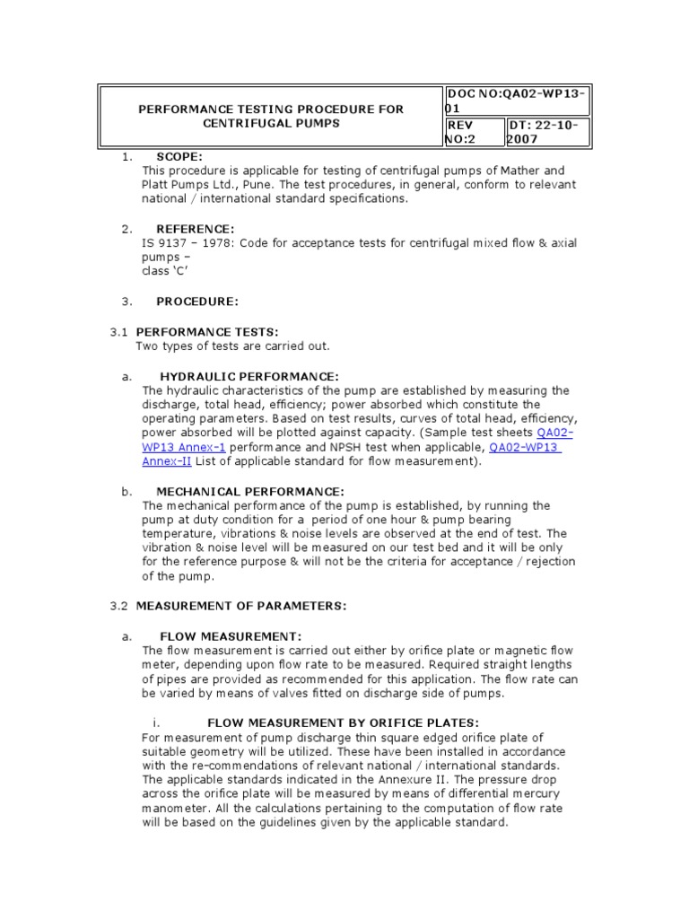 Performance Testing Procedure For Centrifugal Pumps | PDF | Pressure ...