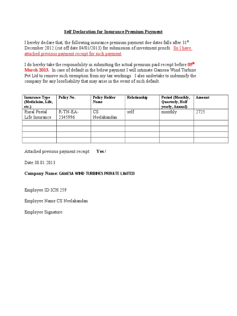 Insurance Premium Payment Declaration | PDF