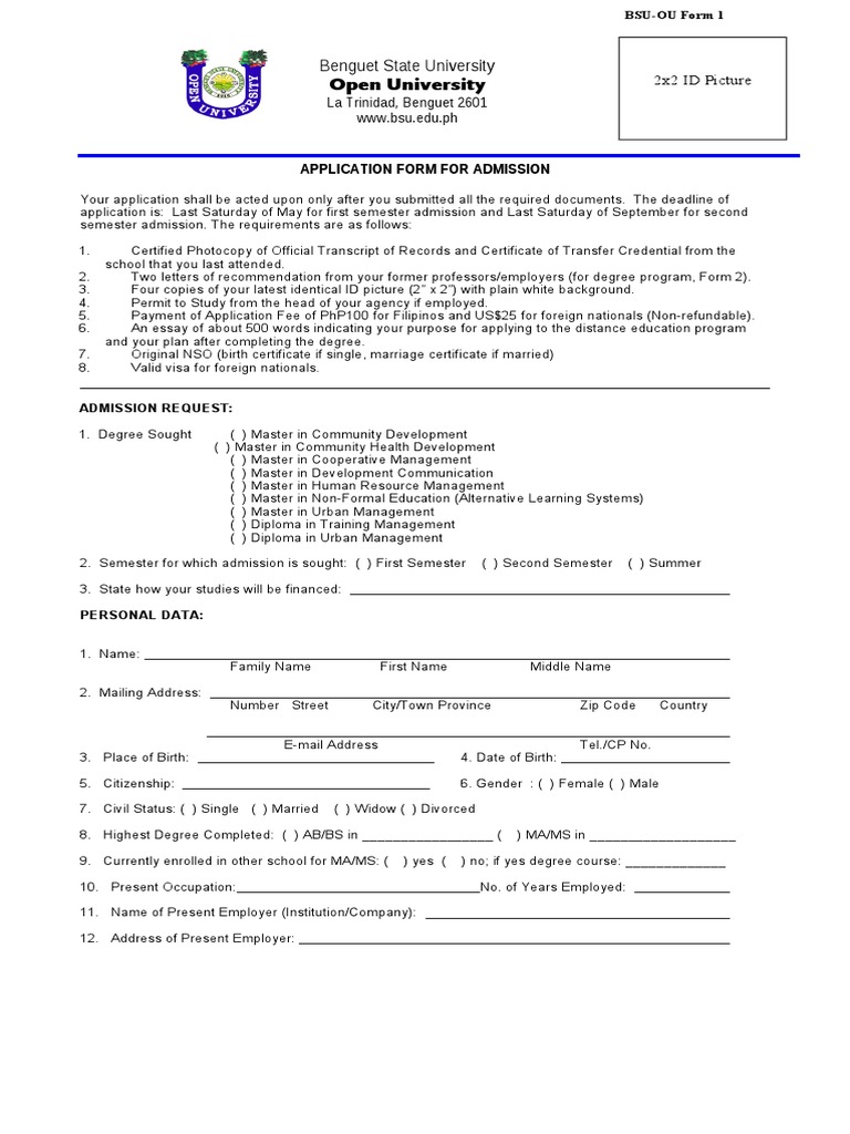 BSU-OU Form 1 Application For Admission | Download Free PDF | Further ...