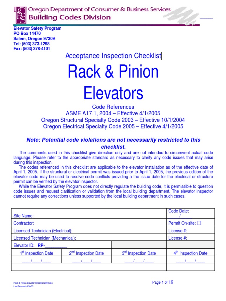 Rack and Pinion Elevator Checklist | PDF | Elevator | Building Engineering