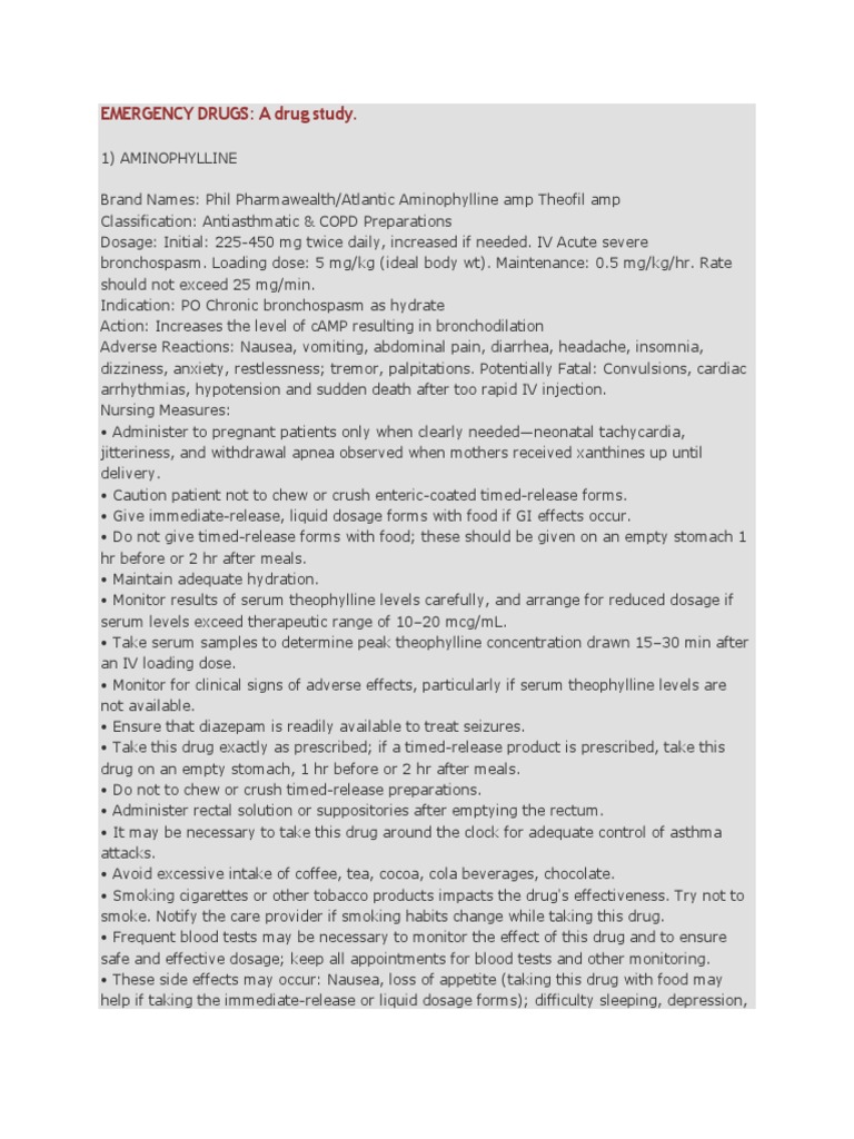 EMERGENCY DRUGS: A Drug Study | PDF | Clinical Medicine | Drugs