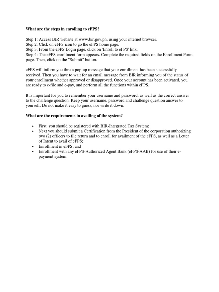 Steps to Enroll in BIR eFPS System | PDF