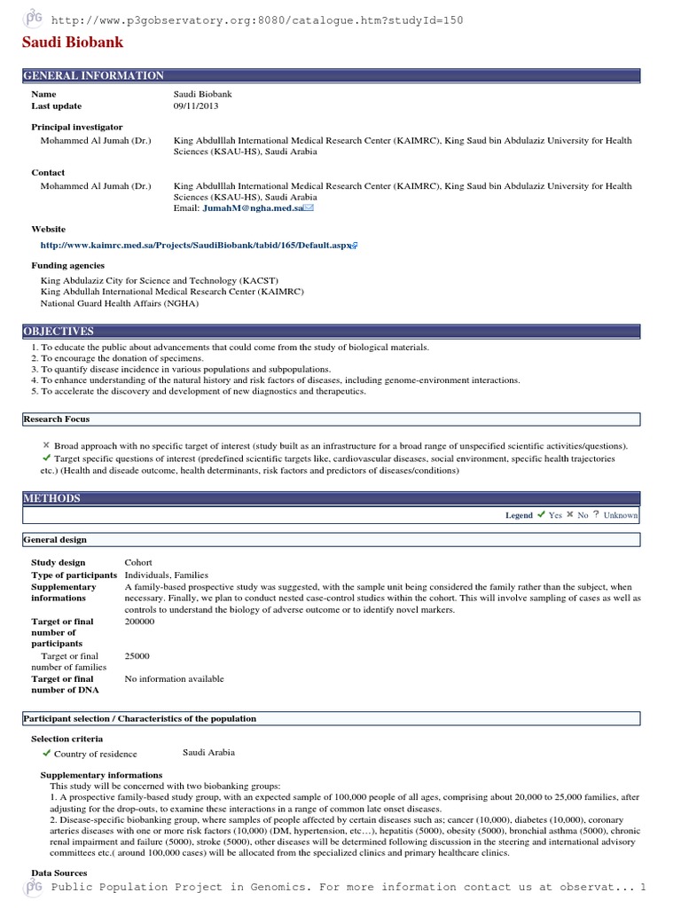 Saudi Biobank | PDF | Abdullah Of Saudi Arabia | Cohort Study