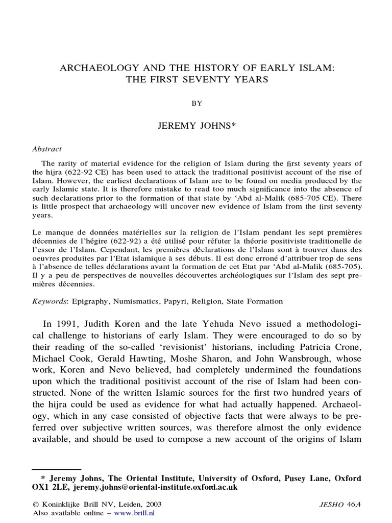 Archaeology and The History of Early Islam: The First Seventy Years ...