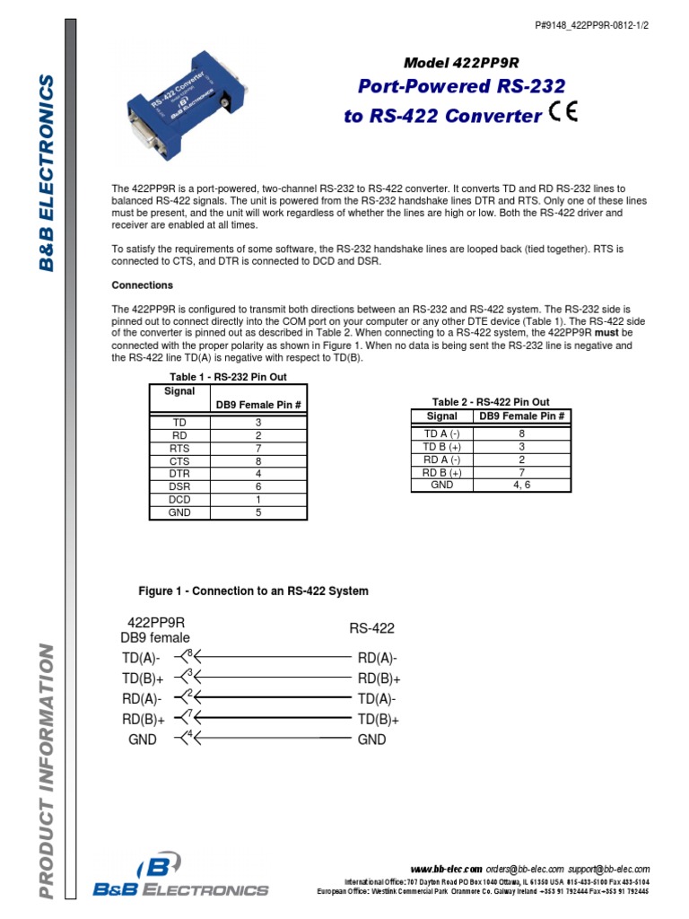 RS-422 DB9 Pinout for 422PP9R Converter | PDF | Computer Networking ...
