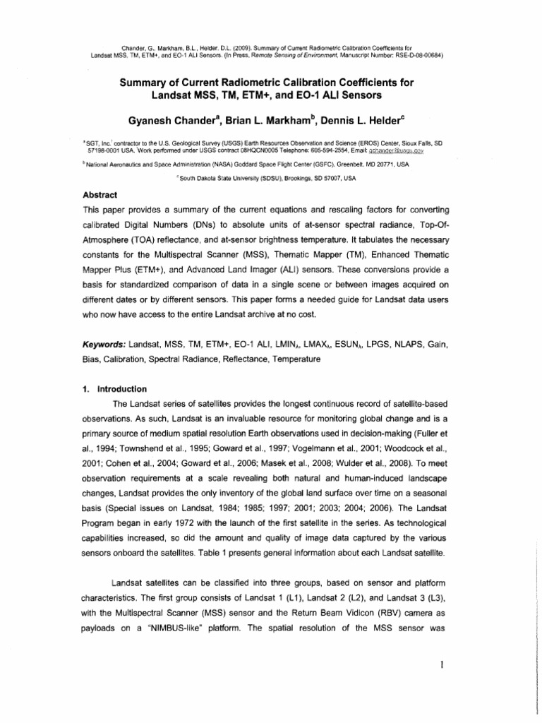 Summary of Current Radiometric Calibration - Chander | PDF | Remote ...
