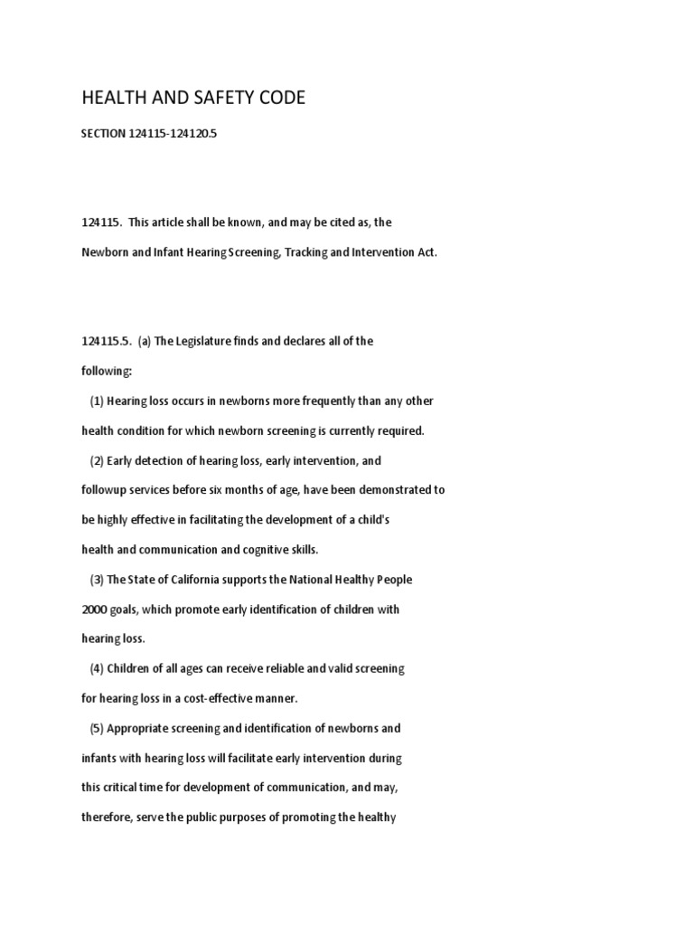 Health and Safety Code | PDF | Hearing Loss | Neonatal Intensive Care Unit