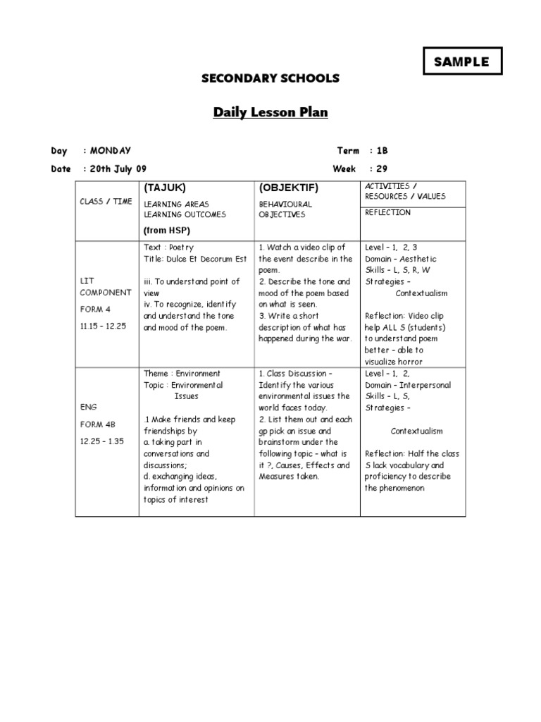 Daily Lesson Plan: Sample Secondary Schools | PDF