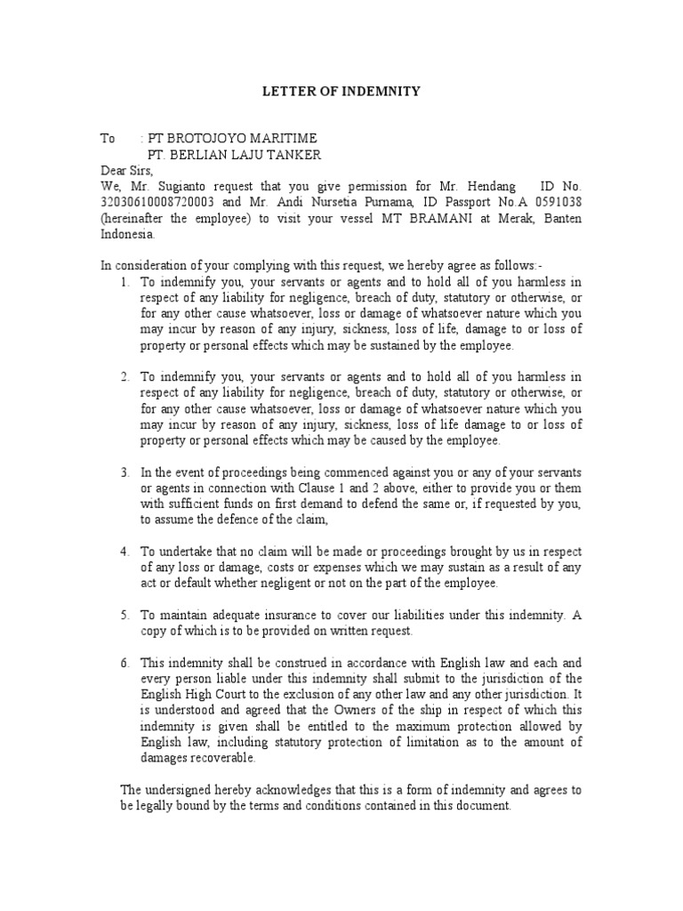 Letter of Indemnity Andijkhk | PDF