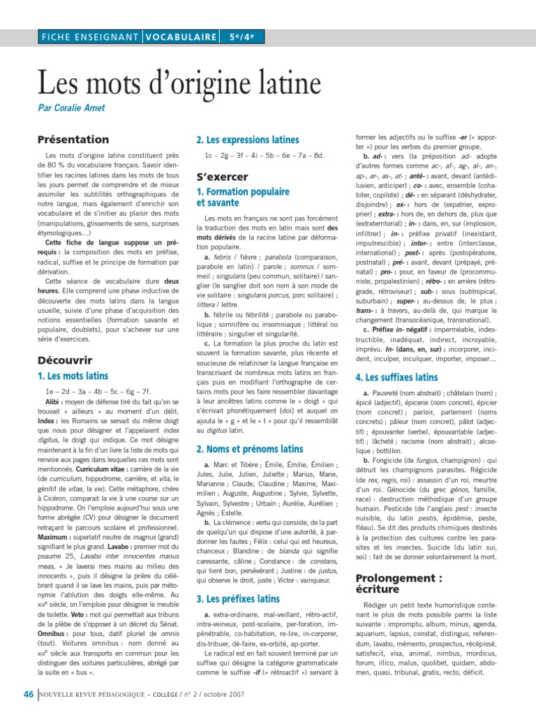 Les Mots D'origine Latin | Lexique | Langue française