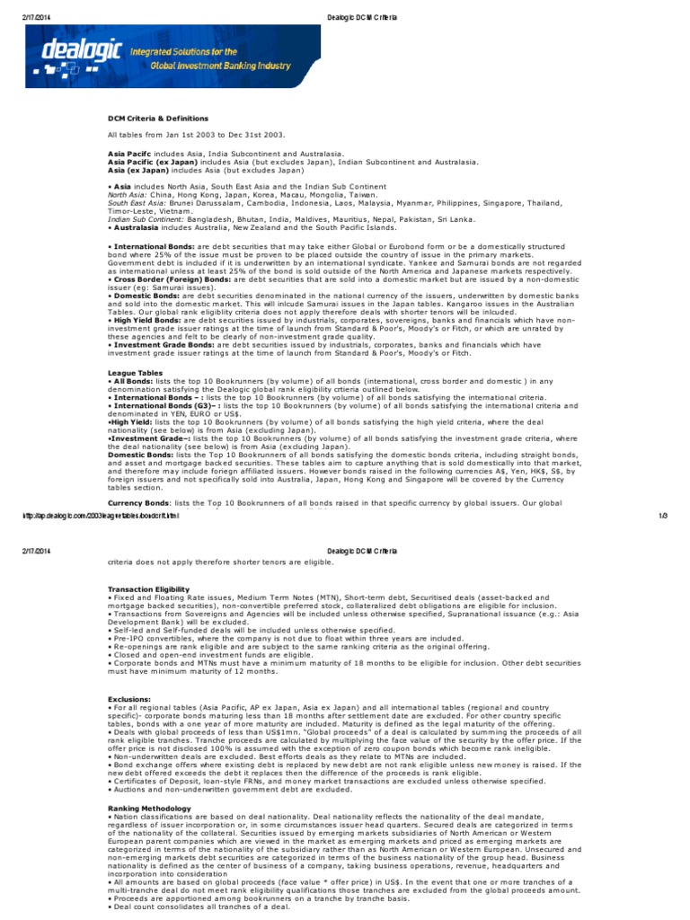 Dealogic DCM Criteria | PDF | High Yield Debt | Bonds (Finance)