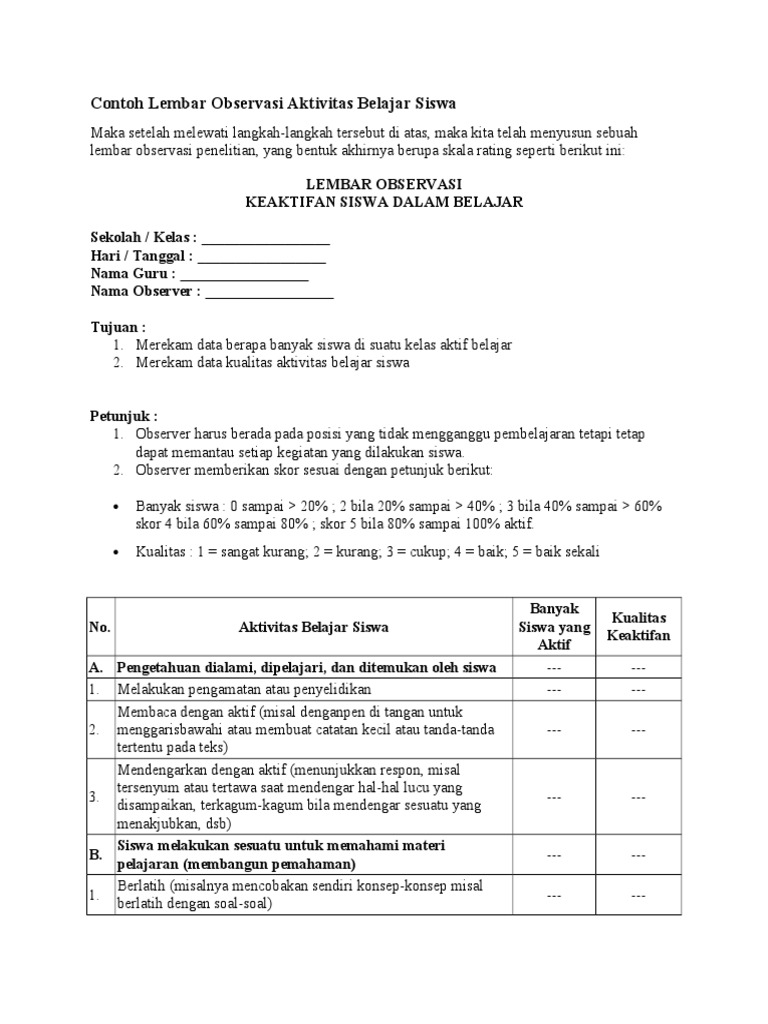 Contoh Lembar Observasi Aktivitas Belajar Siswa | PDF