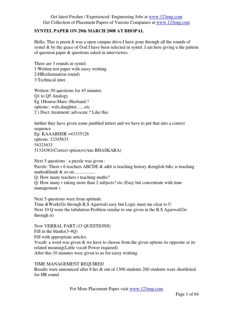 Syntel Placement Papers | PDF | Control Flow | Computer Programming