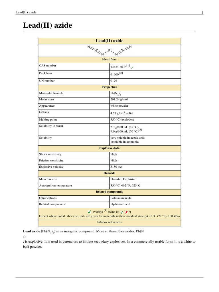 Lead (II) Azide | PDF | Explosive Material | Lead