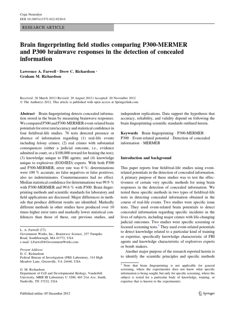 DR Lawrence Farwell Brain Fingerprinting Field Studies Comparing P300 ... DR Lawrence Farwell Brain Fingerprinting Field Studies Comparing P300 ...
