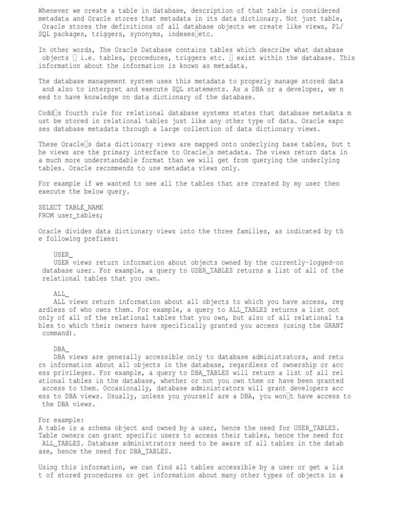 Oracle Sql Metadata Or System Tables Pdf Oracle Database Databases