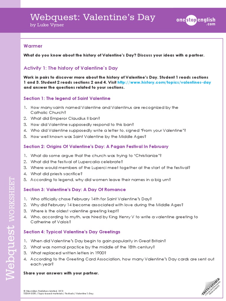 Valentines Day Webquest Worksheet | PDF | Valentine's Day