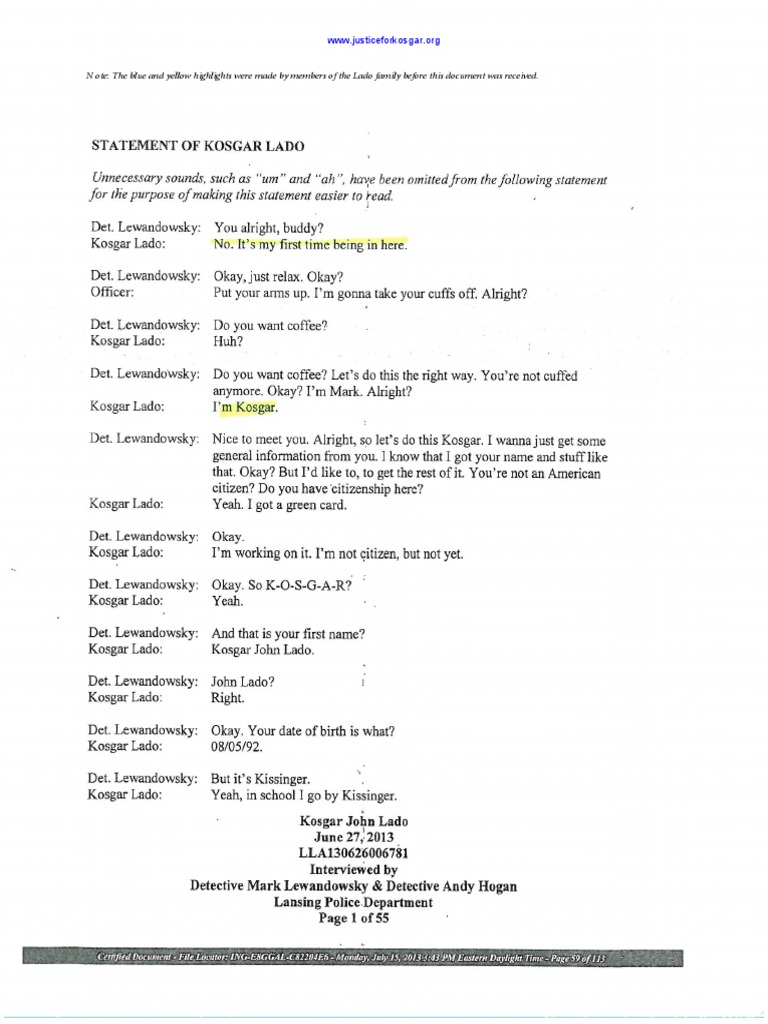 Kosgar Lado Police Interrogation Transcript | PDF