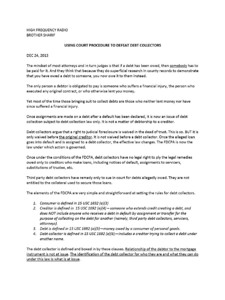 Defeating Debt Collectors in Court | PDF | Collection Agency | Evidence ...