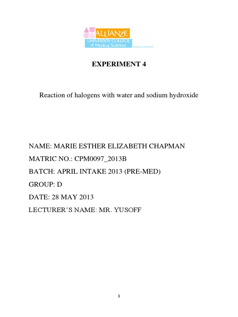 LAB 4 (Reaction of Halogens With Water and Sodium Hydroxide) | PDF ...