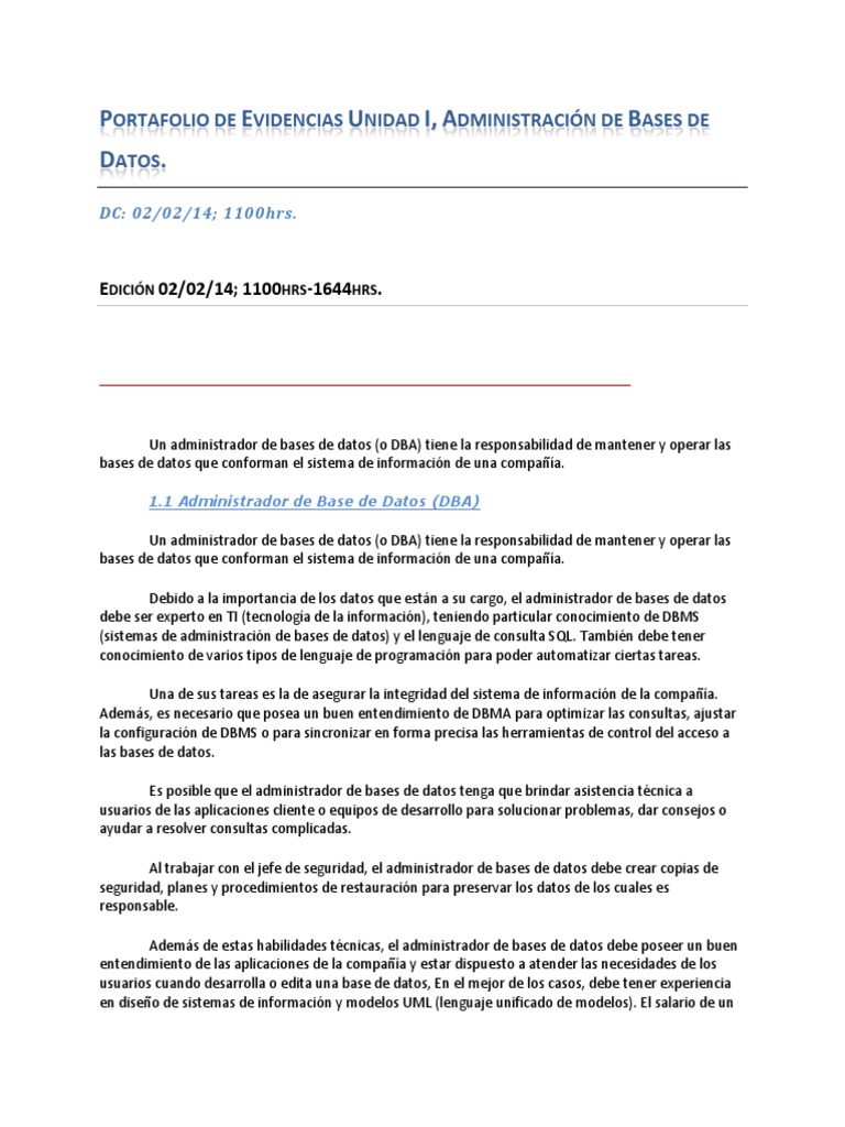 Portafolio de Evidencias Unidad I, Administración de Bases de Datos. | PDF | Servidor SQL de ...