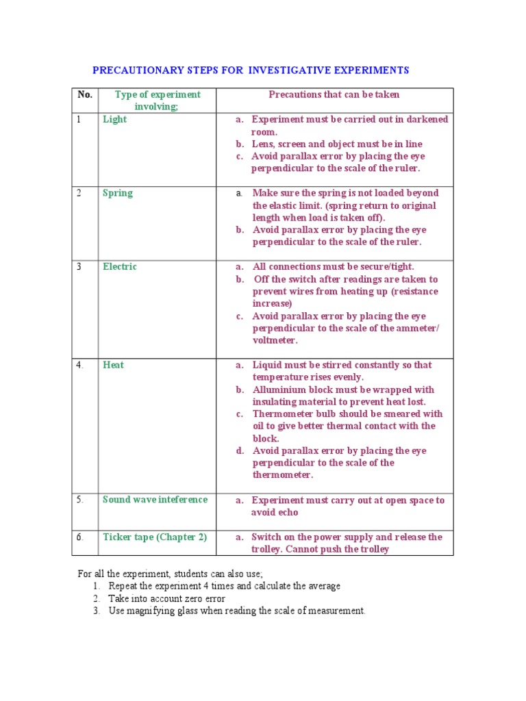 Physics Precautionary Steps For Investigative Experiments | PDF ...
