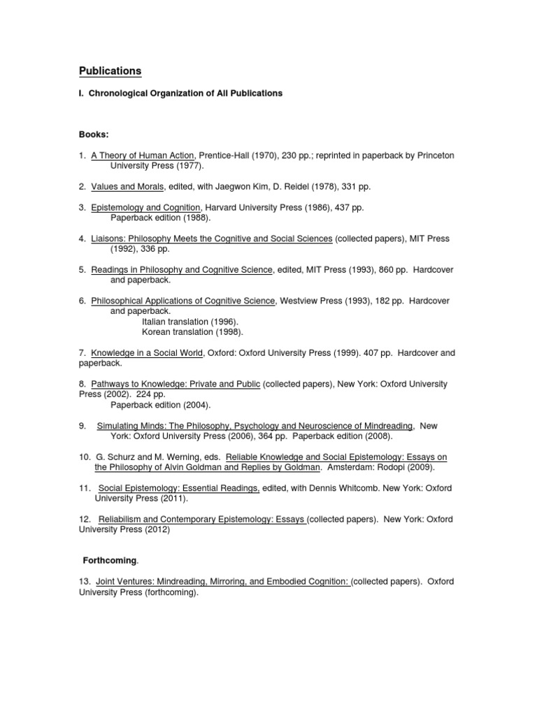 Alvin Goldman's Publications Chronology | PDF | Social Epistemology ...