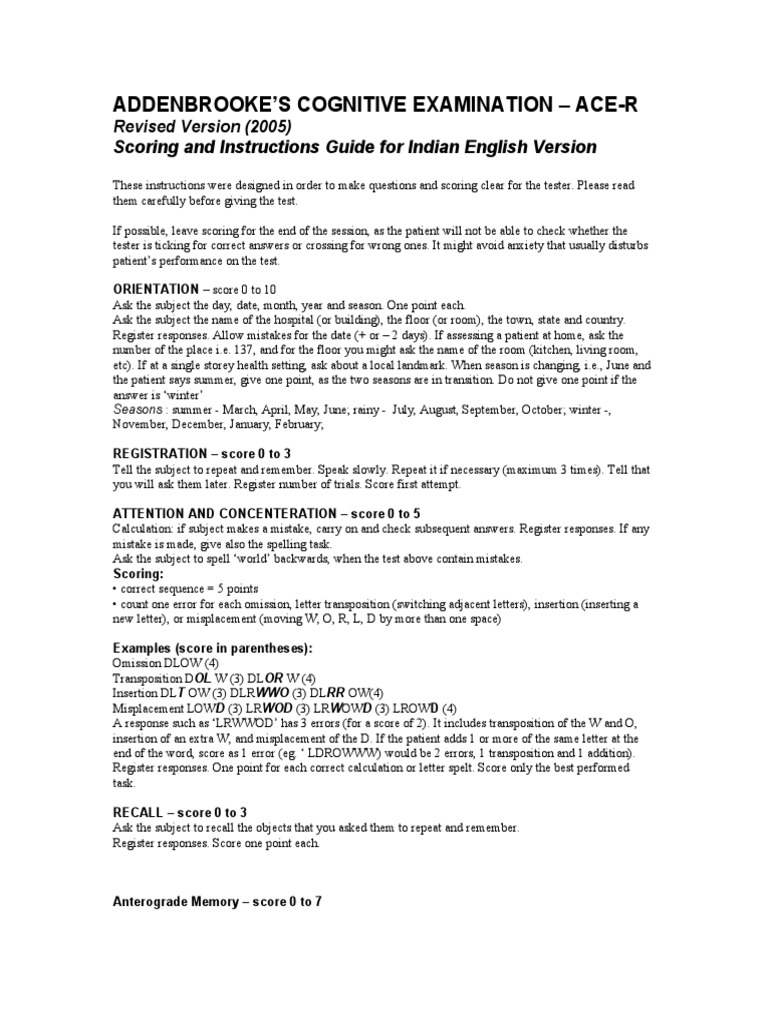ADDENBROOKE’S COGNITIVE EXAMINATION – ACE-R REVISED VERSION (2005 ...