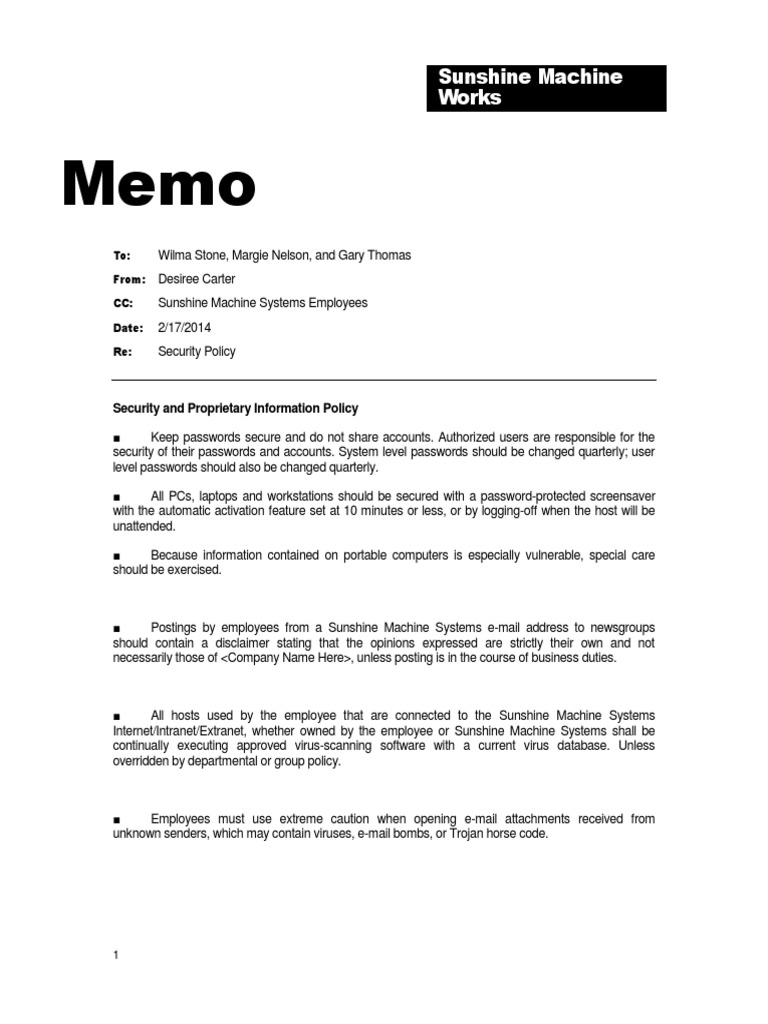 Sunshine Machine Works Policies Memo | Email | Password