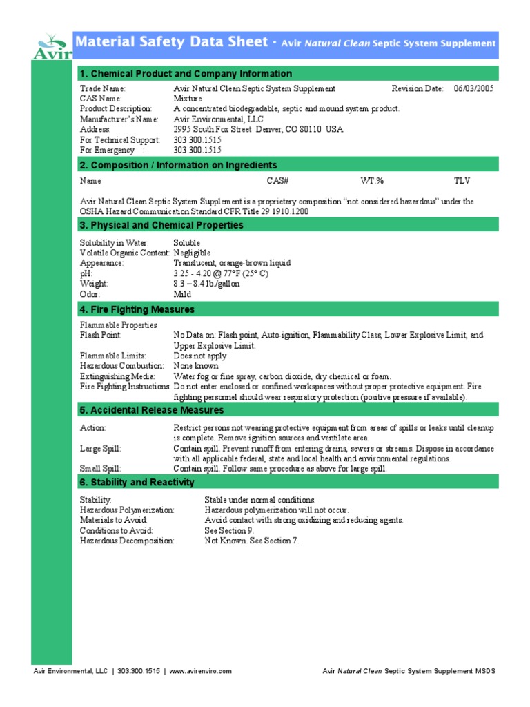 Septic System MSDS | PDF | Septic Tank | Chemistry