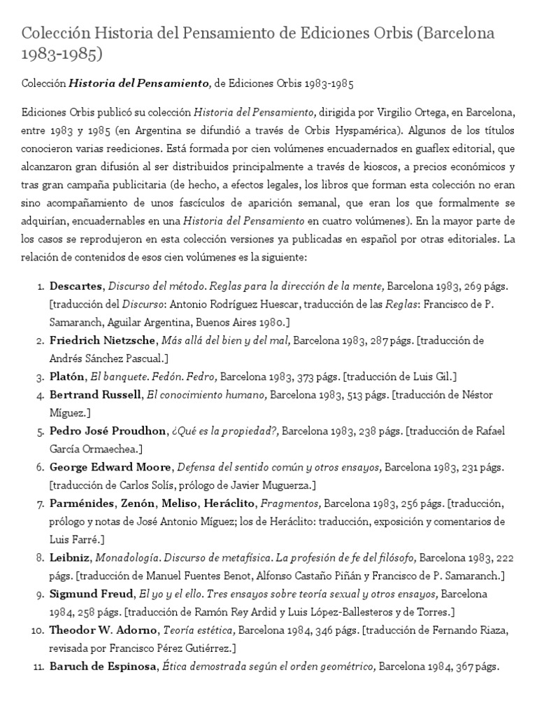 Colección Historia Del Pensamiento de Ediciones Orbis (Barcelona 1983 ...