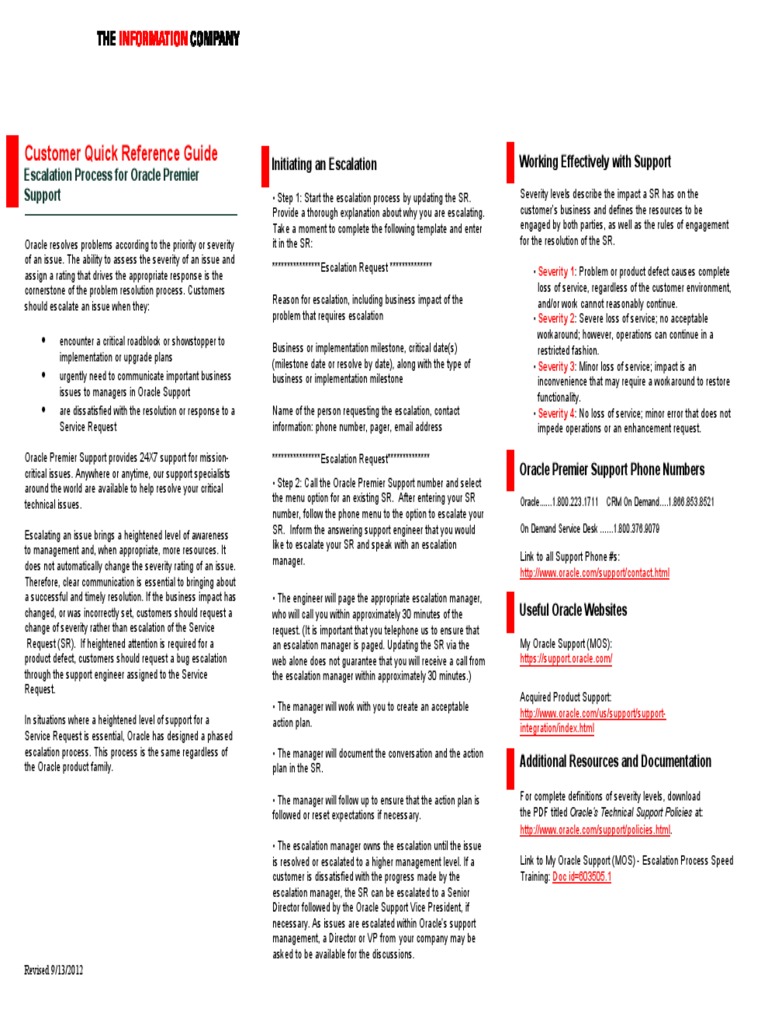 Oracle SR Escalation Process Quick Reference Guide | PDF ...