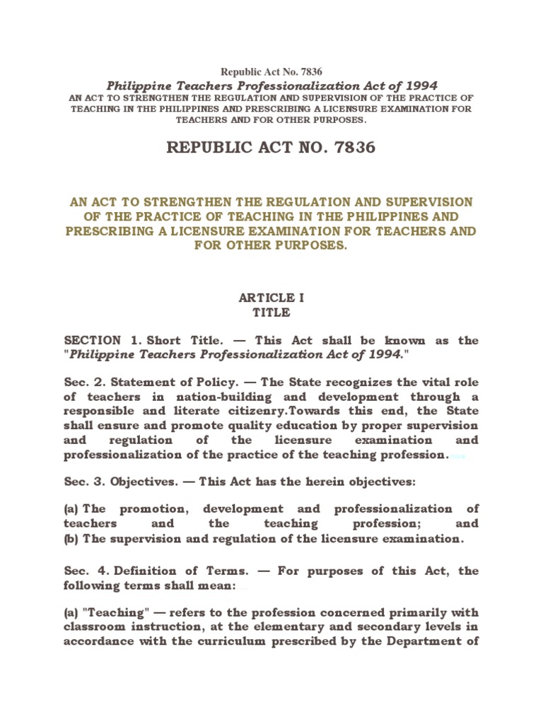 Philippine Teachers Professionalization Act | PDF | Licensure ...